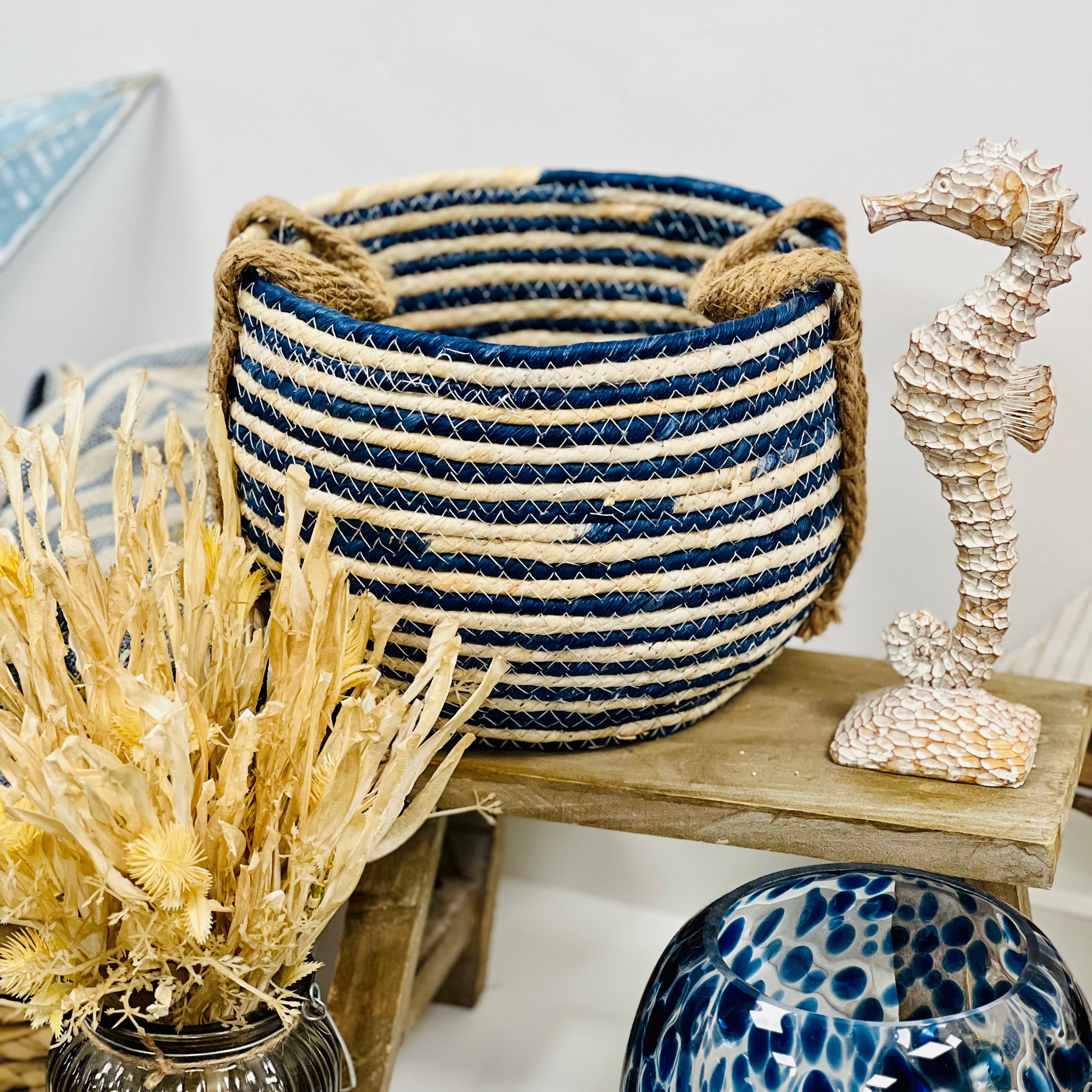 Collecting Seashells | Stunning Home Decor | Corn Husk Basket - Blue Striped